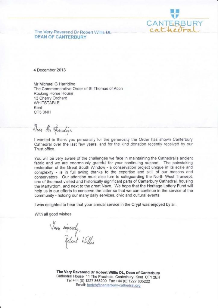 Letter from the Dean of Canterbury - The Commemorative Order of St ...